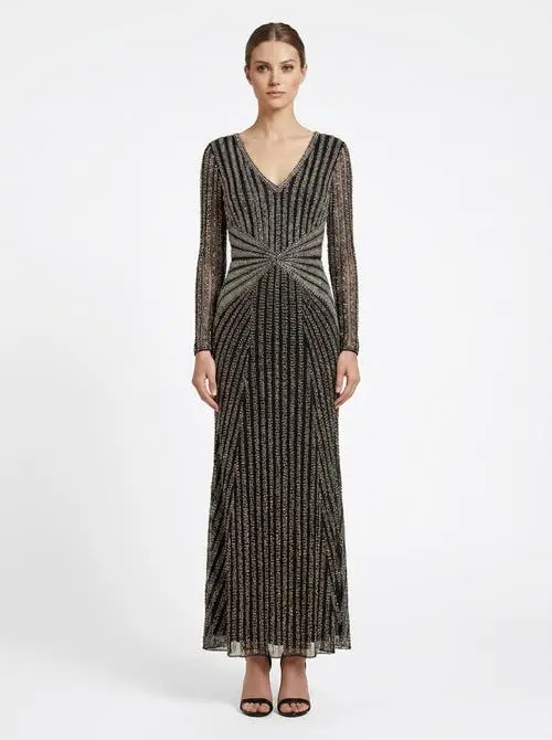 LARA NEW YORK Long Sleeve Beaded Gown