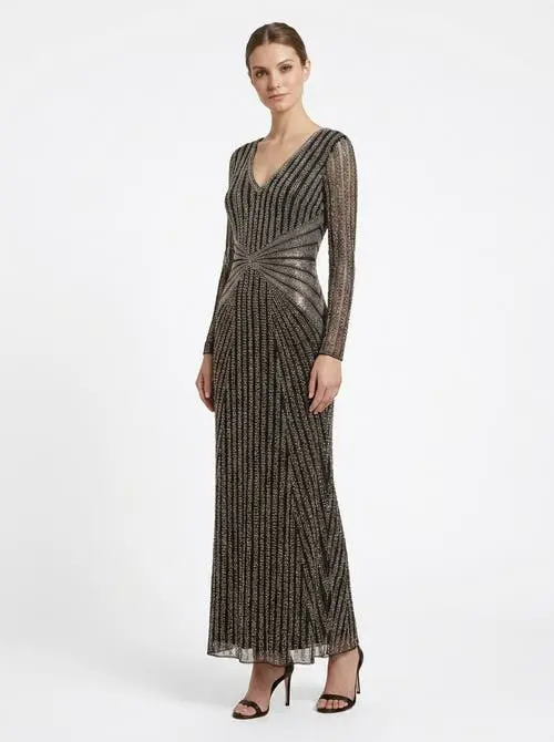 LARA NEW YORK Long Sleeve Beaded Gown