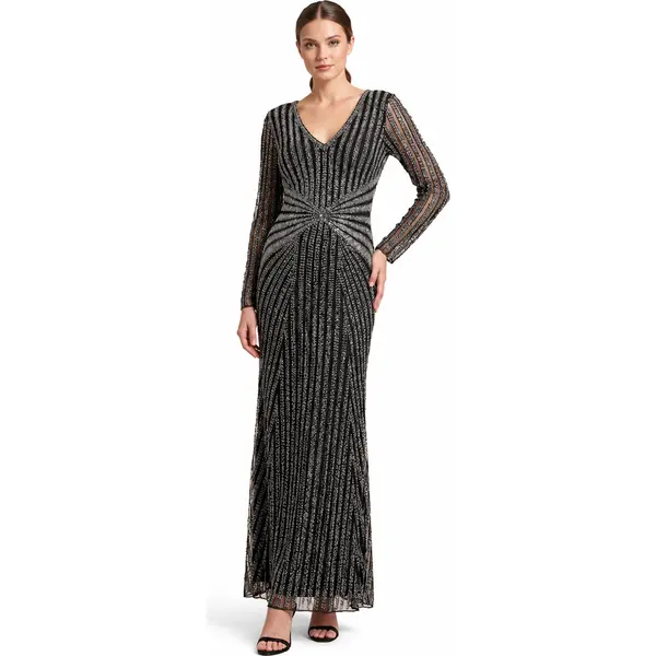 LARA NEW YORK Long Sleeve Beaded Gown - Black Silver