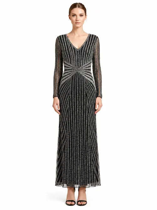 LARA NEW YORK Long Sleeve Beaded Gown