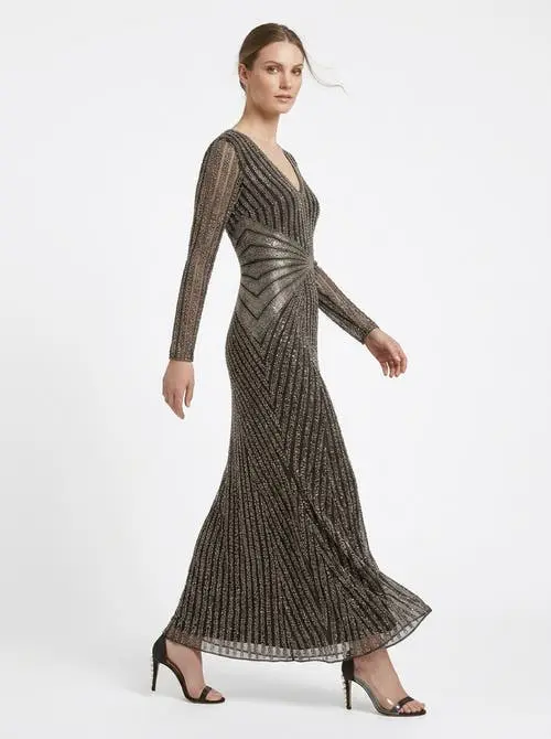 LARA NEW YORK Long Sleeve Beaded Gown