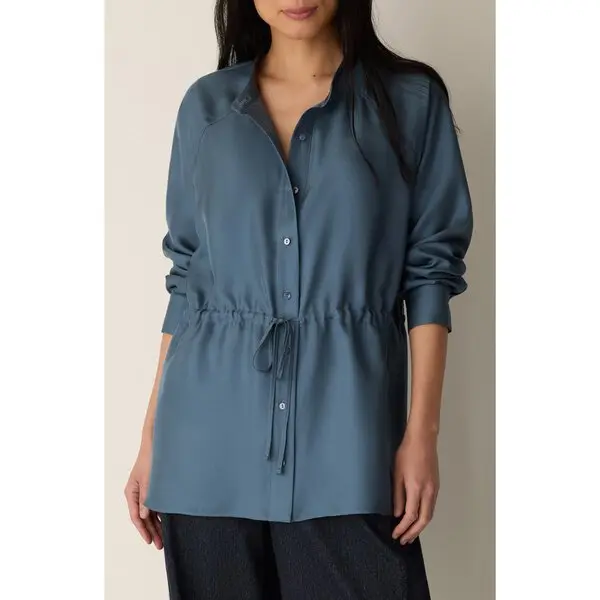 Eileen Fisher Silk Mandarin Collar Shirt With Tie - Coldspring