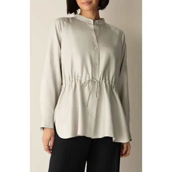 Eileen Fisher Silk Mandarin Collar Shirt With Tie