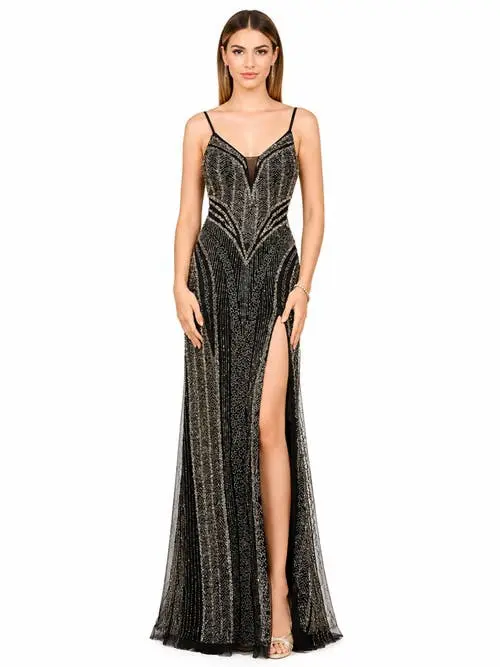LARA NEW YORK Spaghetti Strap Beaded Gown With Slit