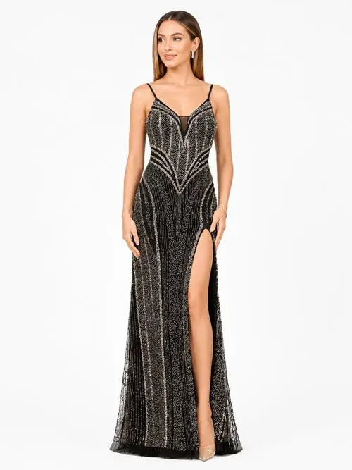LARA NEW YORK Spaghetti Strap Beaded Gown With Slit