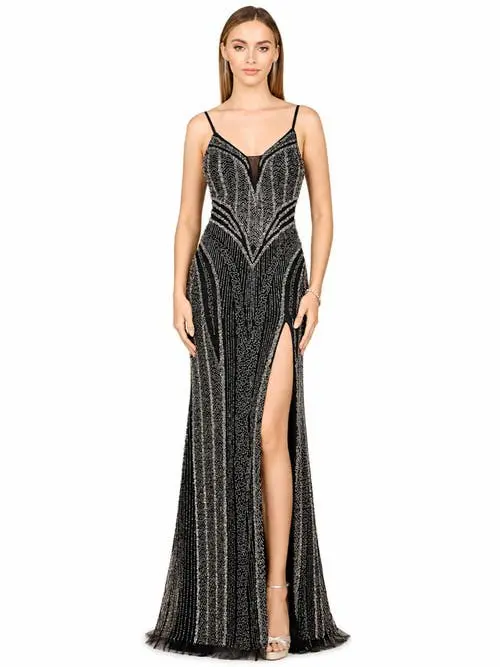 LARA NEW YORK Spaghetti Strap Beaded Gown With Slit