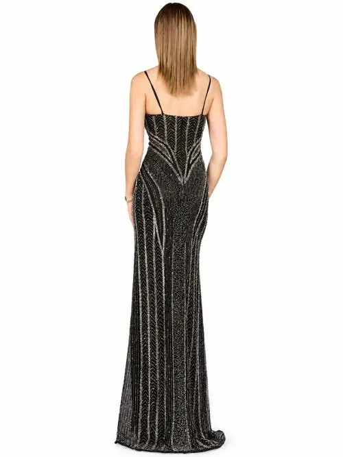 LARA NEW YORK Spaghetti Strap Beaded Gown With Slit