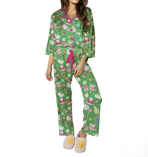 SUNSHINE SOCIETY Holiday Bauble Silky 3/4 Sleeve Pants Set