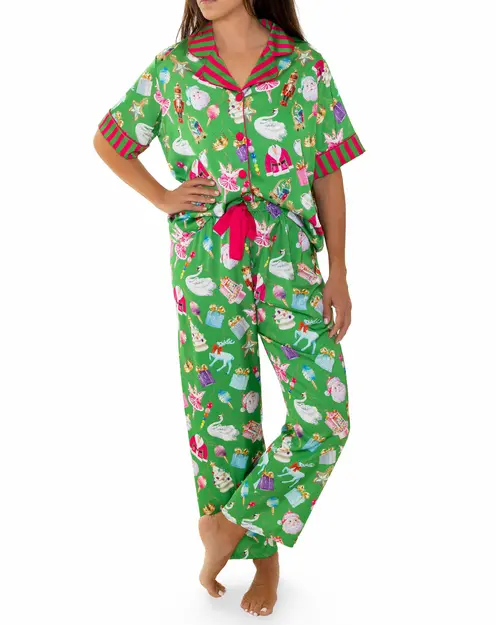 SUNSHINE SOCIETY Holiday Bauble Silky Short Sleeve Pants Set