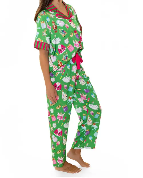 SUNSHINE SOCIETY Holiday Bauble Silky Short Sleeve Pants Set