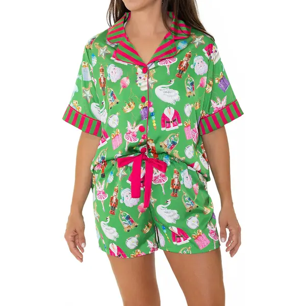 SUNSHINE SOCIETY Holiday Bauble Silky Short Sleeve Shorts Set - Green