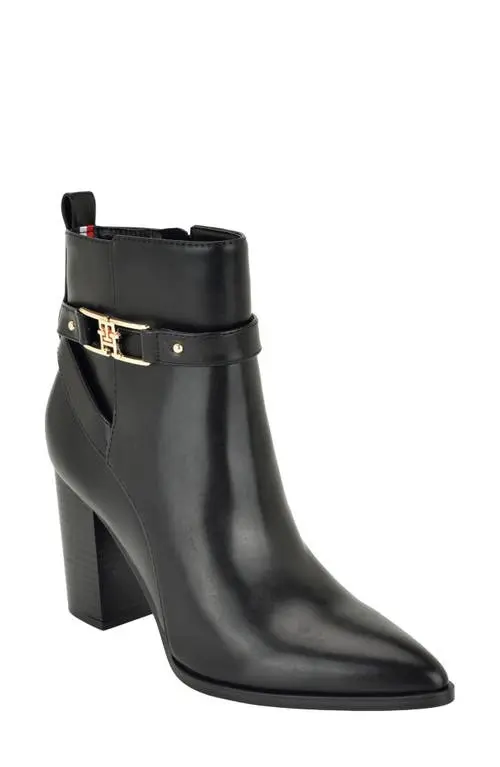 Tommy Hilfiger Midna Faux Leather Pointed Toe Block Heel Booties - Black