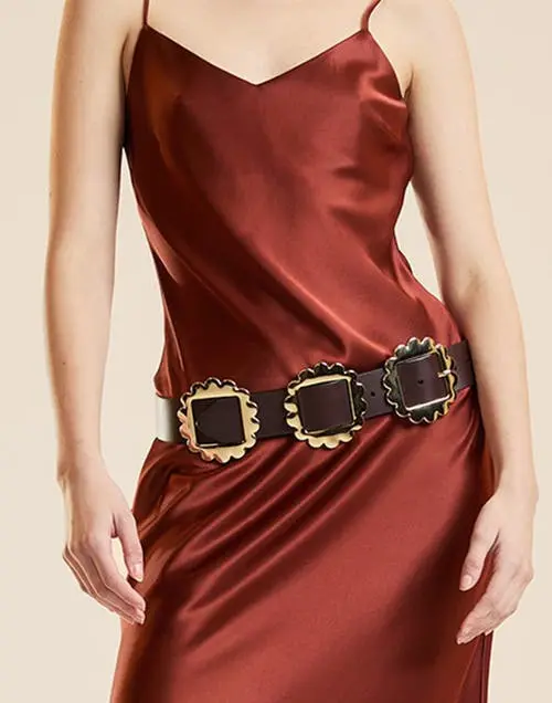 Cynthia Rowley Leather Belt With Gold Scalloped Buckles - Brown