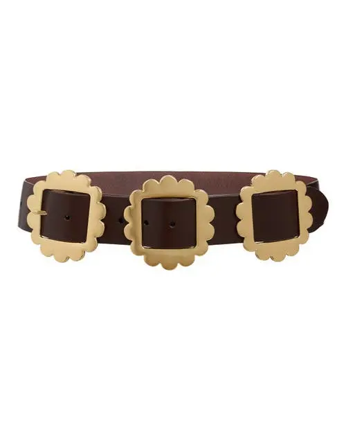Cynthia Rowley Leather Belt With Gold Scalloped Buckles