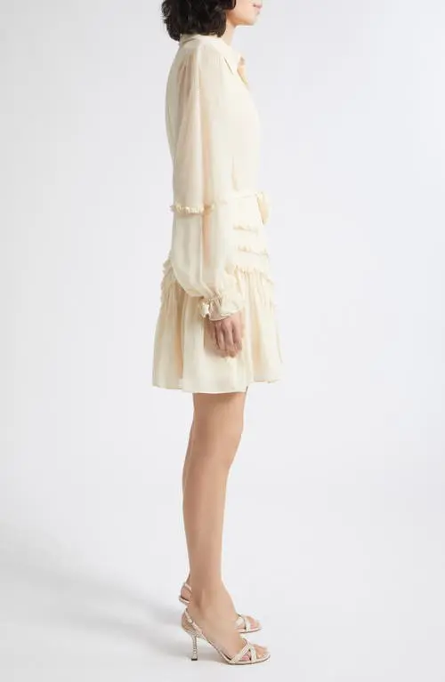 Ramy Brook Maya Ruffle Detail Long Sleeve Silk Mini Shirtdress - Bone