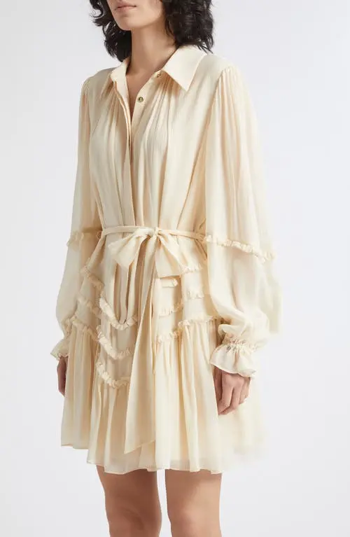 Ramy Brook Maya Ruffle Detail Long Sleeve Silk Mini Shirtdress - Bone