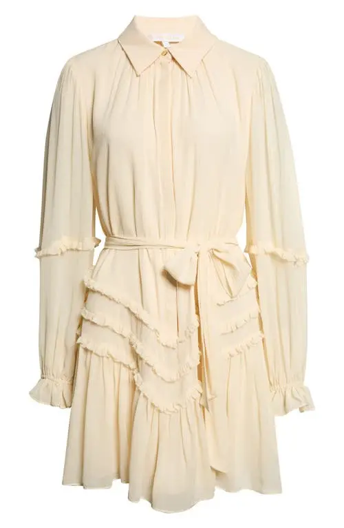 Ramy Brook Maya Ruffle Detail Long Sleeve Silk Mini Shirtdress - Bone