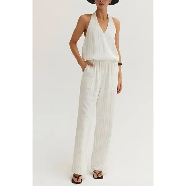 CRESCENT Pinstripe Halter Linen Blend Jumpsuit