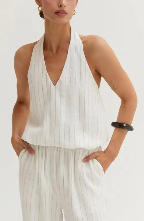 CRESCENT Pinstripe Halter Linen Blend Jumpsuit
