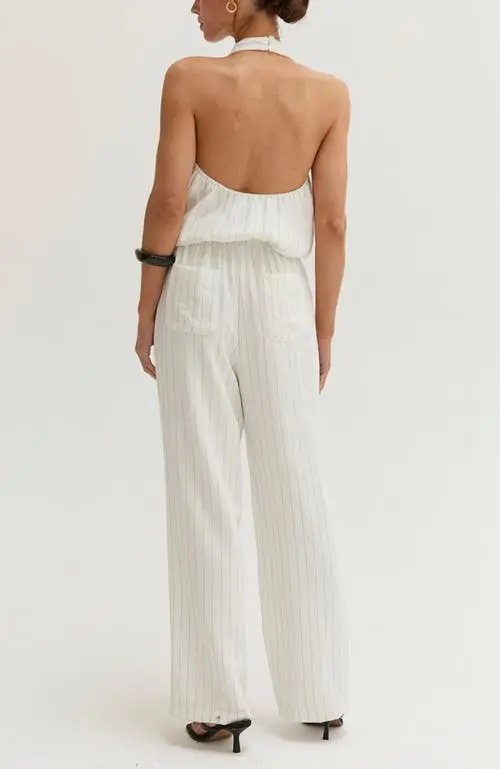 CRESCENT Pinstripe Halter Linen Blend Jumpsuit