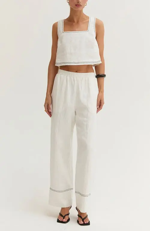 CRESCENT Contrast Stitch Cropped Top & Pants Linen Two Piece Set