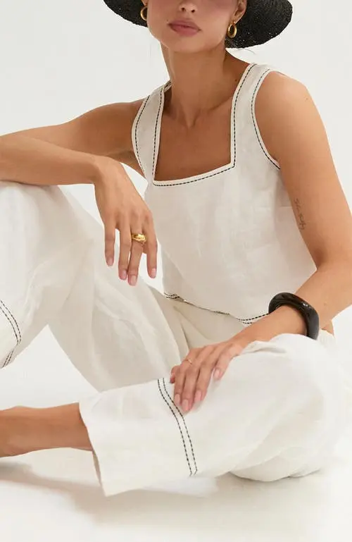 CRESCENT Contrast Stitch Cropped Top & Pants Linen Two Piece Set
