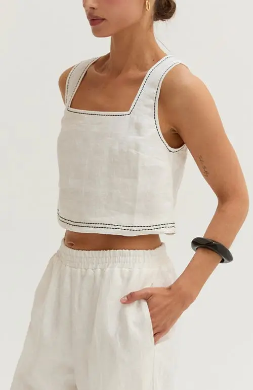 CRESCENT Contrast Stitch Cropped Top & Pants Linen Two Piece Set