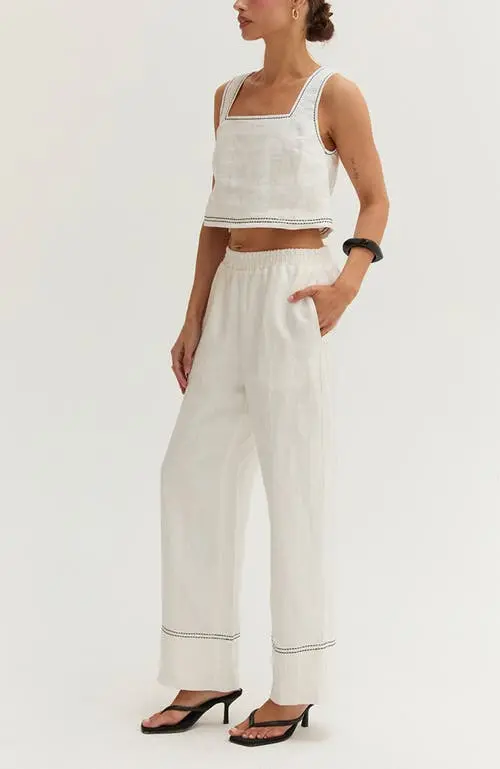 CRESCENT Contrast Stitch Cropped Top & Pants Linen Two Piece Set