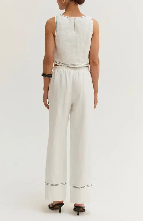 CRESCENT Contrast Stitch Cropped Top & Pants Linen Two Piece Set