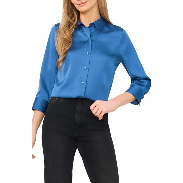 CECE DUPRAZ Button Front Satin Shirt - Blue Haze