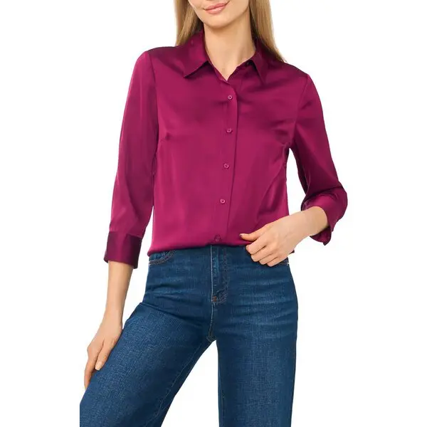 CECE DUPRAZ Button Front Satin Shirt - Deep Mulberry