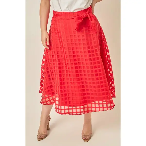 English Factory Plaid Organza Fit & Flare Midi Skirt - Red