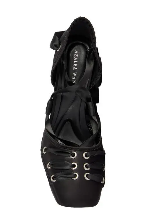 AZALEA WANG Pirouette Lace Up Wedge Sandal - Black