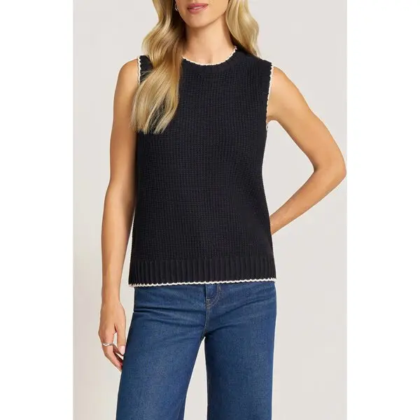 Matty M. Elm Crewneck Cotton Sweater Vest - Black/ivory