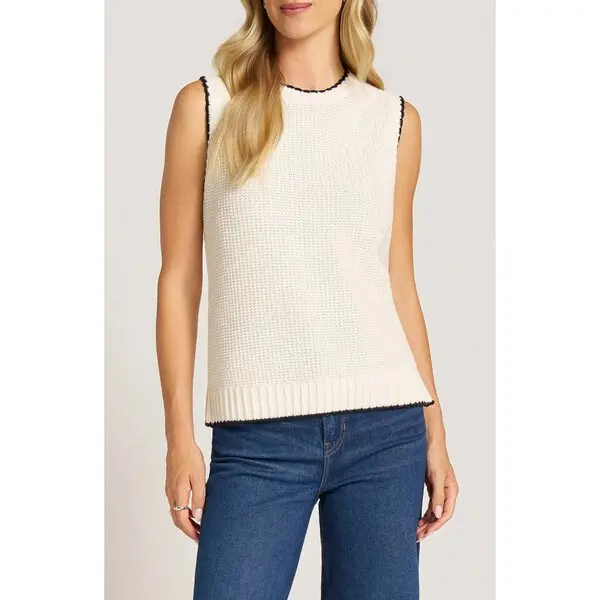 Matty M. Elm Crewneck Cotton Sweater Vest - Ivory/blac