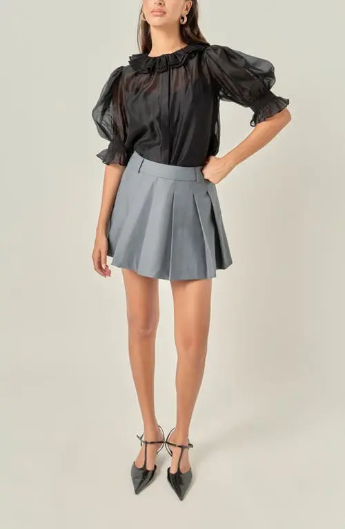 English Factory Ruffled Organza Puff Sleeve Top - Black