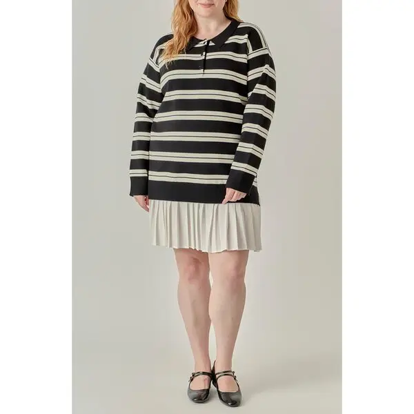 English Factory Long Sleeve Mixed Media Polo Minidress - Black/cream