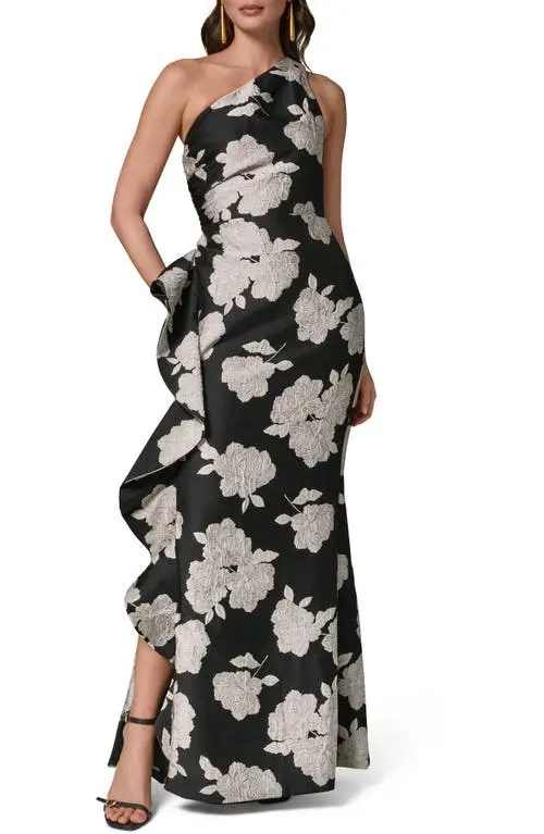 Donna Karan New York Floral Embroidery One-shoulder Gown - Black Cream