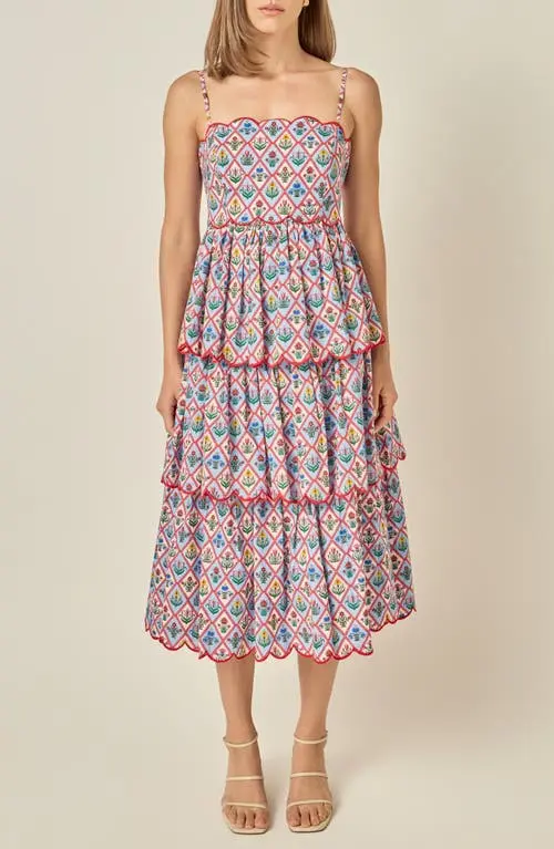 English Factory Printed Scallop Tiered Midi Dress