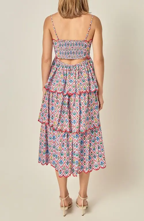 English Factory Printed Scallop Tiered Midi Dress