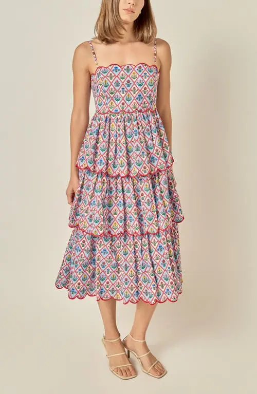 English Factory Printed Scallop Tiered Midi Dress
