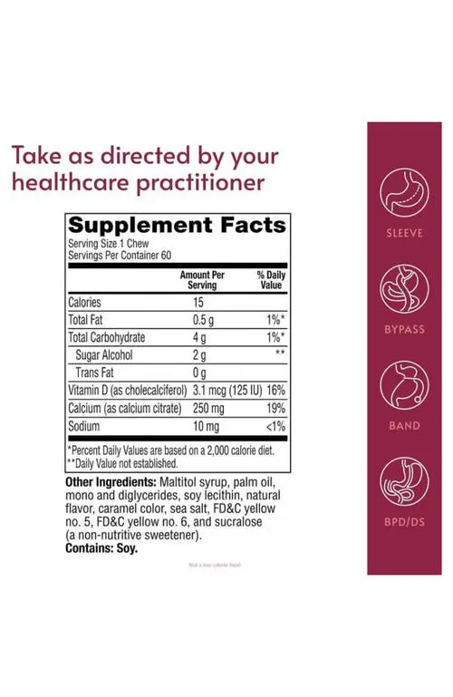 BARIATRIC ADVANTAGE Calcium Citrate Chewy Bites 250 Mg With Vitamin D3 Chewable Supplement 60 Count
