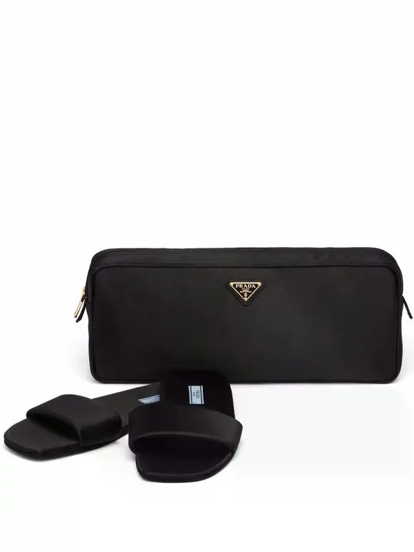 Prada Silk Satin Slippers And Travel Pouch