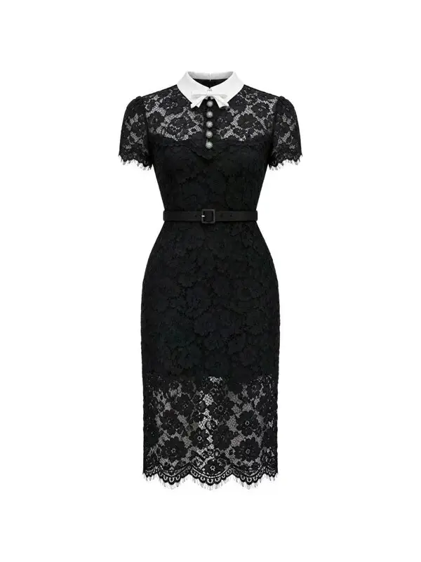 SELF-PORTRAIT Lace Contrast-collar Midi Dress - Black