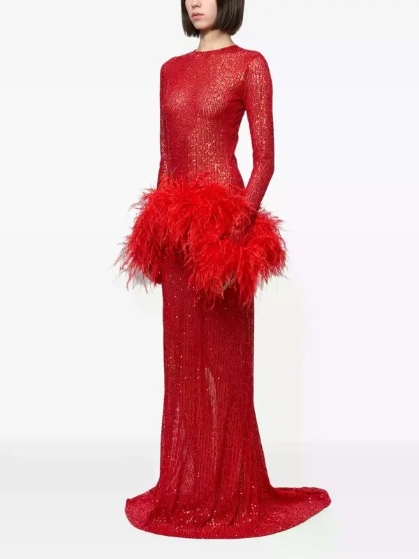 ATU BODY COUTURE Sequin-embellished Feather-trim Maxi Dress