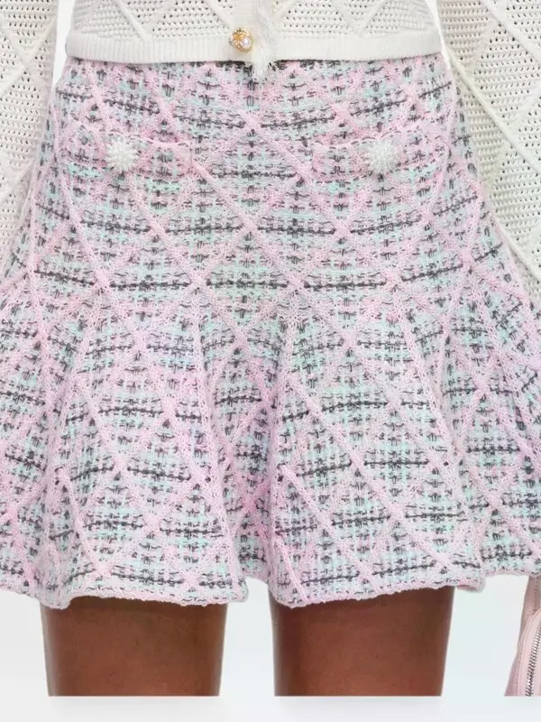 SELF-PORTRAIT Check-knit Flared Mini Skirt - Pink