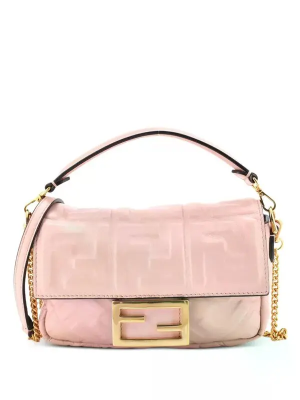 Fendi Baguette Nm Bag Zucca Embossed Leather Mini Crossbody Bag - Pink