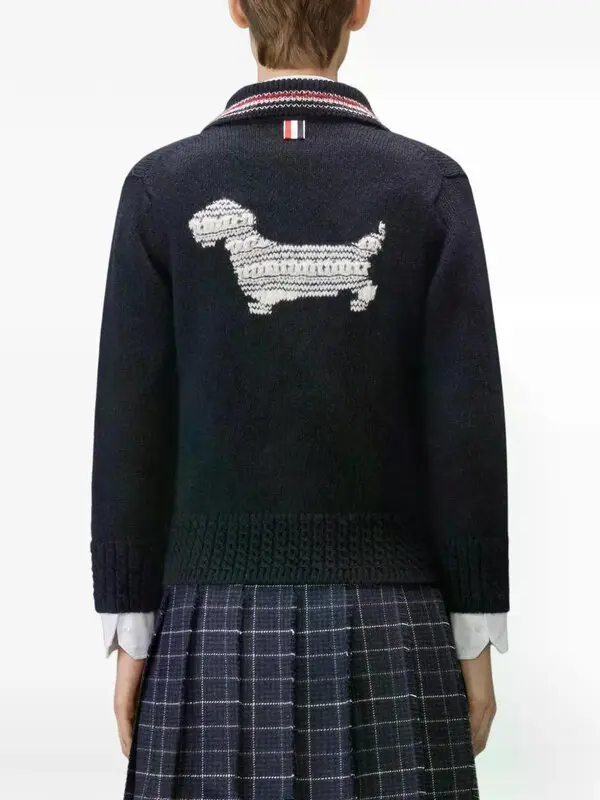 Thom Browne Hector Pointelle Knit Cardigan With Dog Intarsia - Blue