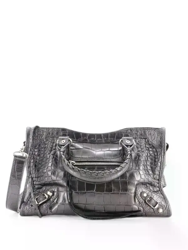 Balenciaga City Classic Studs Crocodile Embossed Leather Satchel - Grey