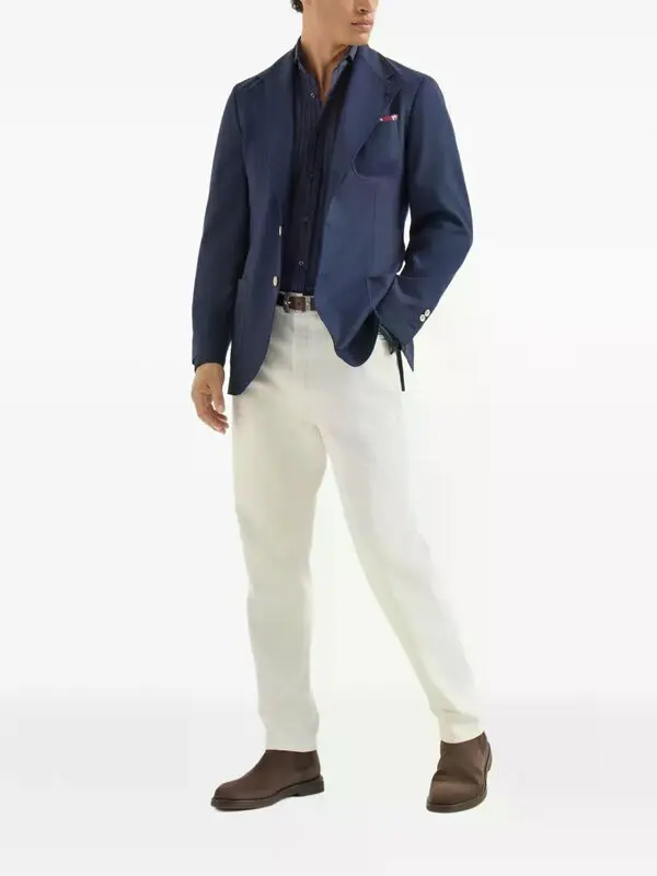 Brunello Cucinelli Virgin Wool, Silk And Cotton Chalk Stripe Piqué Shirt With Spead Collar - Blue